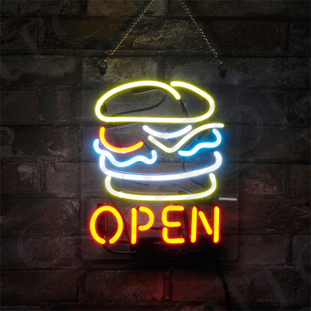 Burger Open Neon Light Sign 100% Custom Real Glass Wall Art – Neon ...